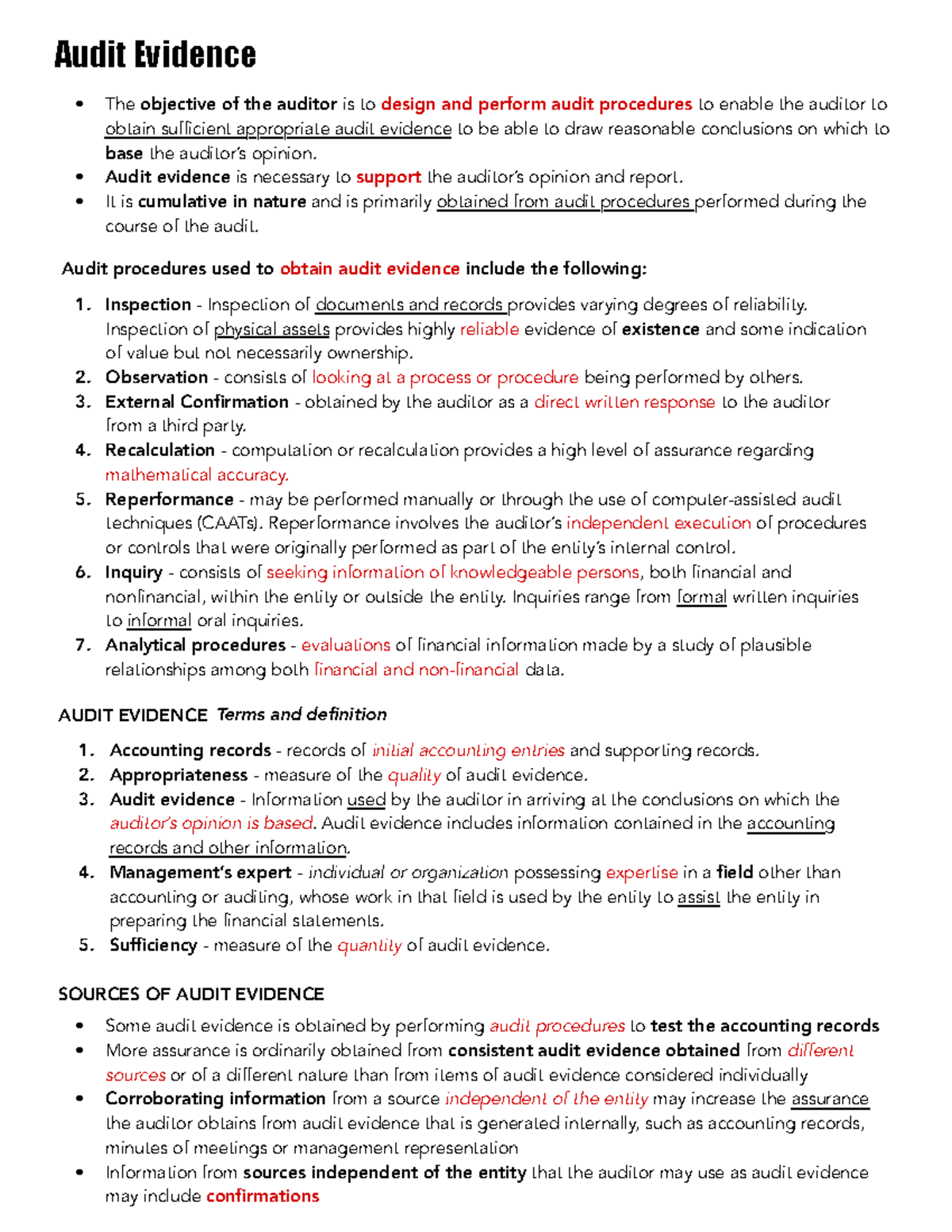 Audit Evidence - Key Procedures and Concepts in Auditing - Studocu