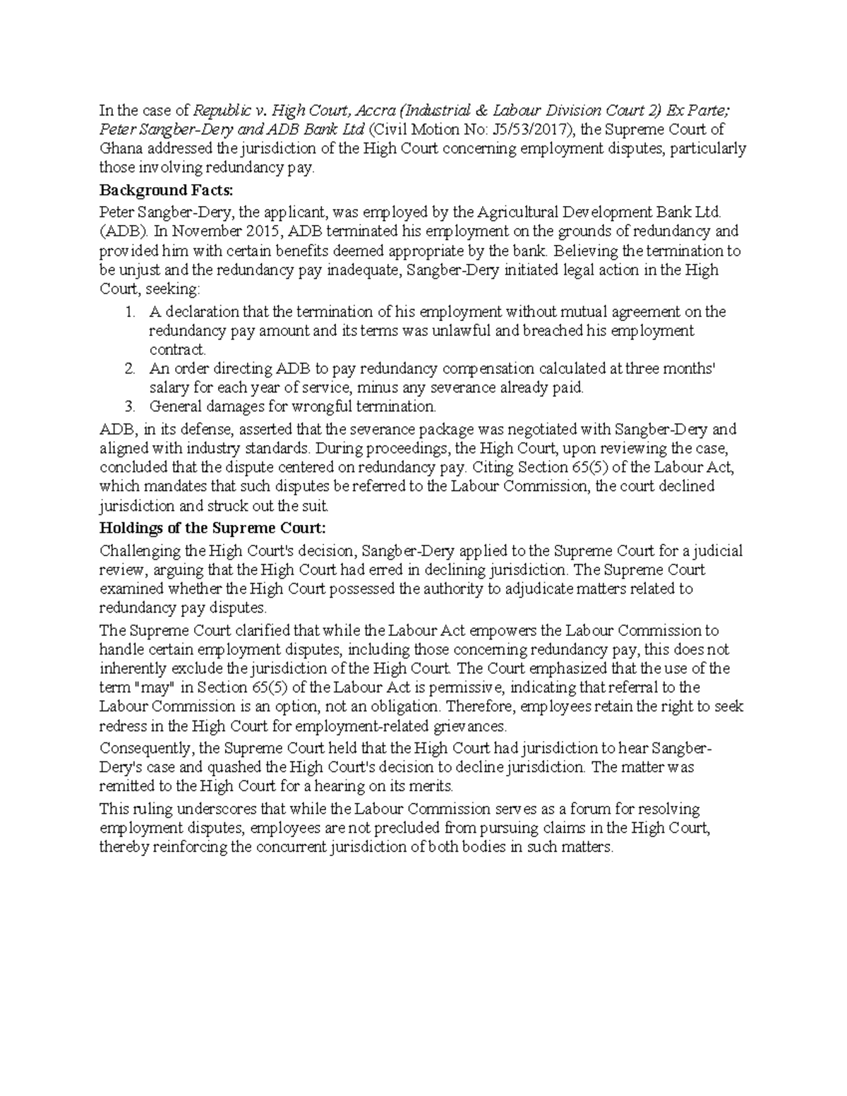 SKB1 - Supreme Court ruling on redundancy pay jurisdiction in Ghana ...