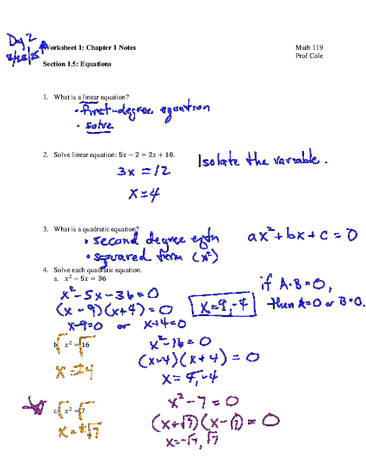 Math 119: Chapter 1 Worksheet on Linear & Quadratic Equations - Studocu