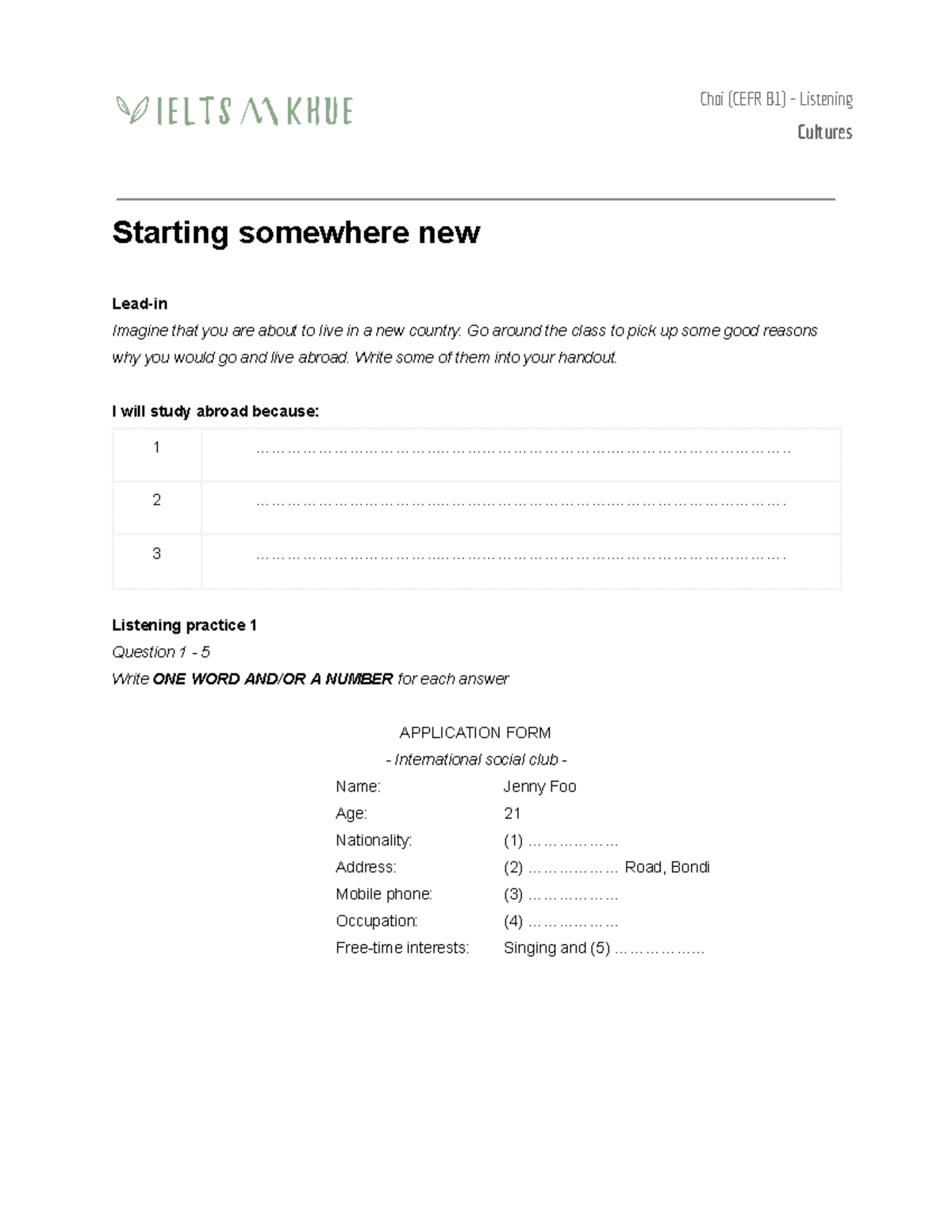 Handout - Lesson 19 - Cultures Starting somewhere new Lead-in Imagine ...