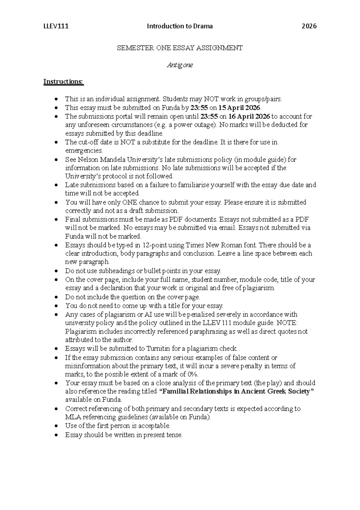 LLEV111 Semester One Essay Assignment: Antigone Analysis 2026 - Studocu