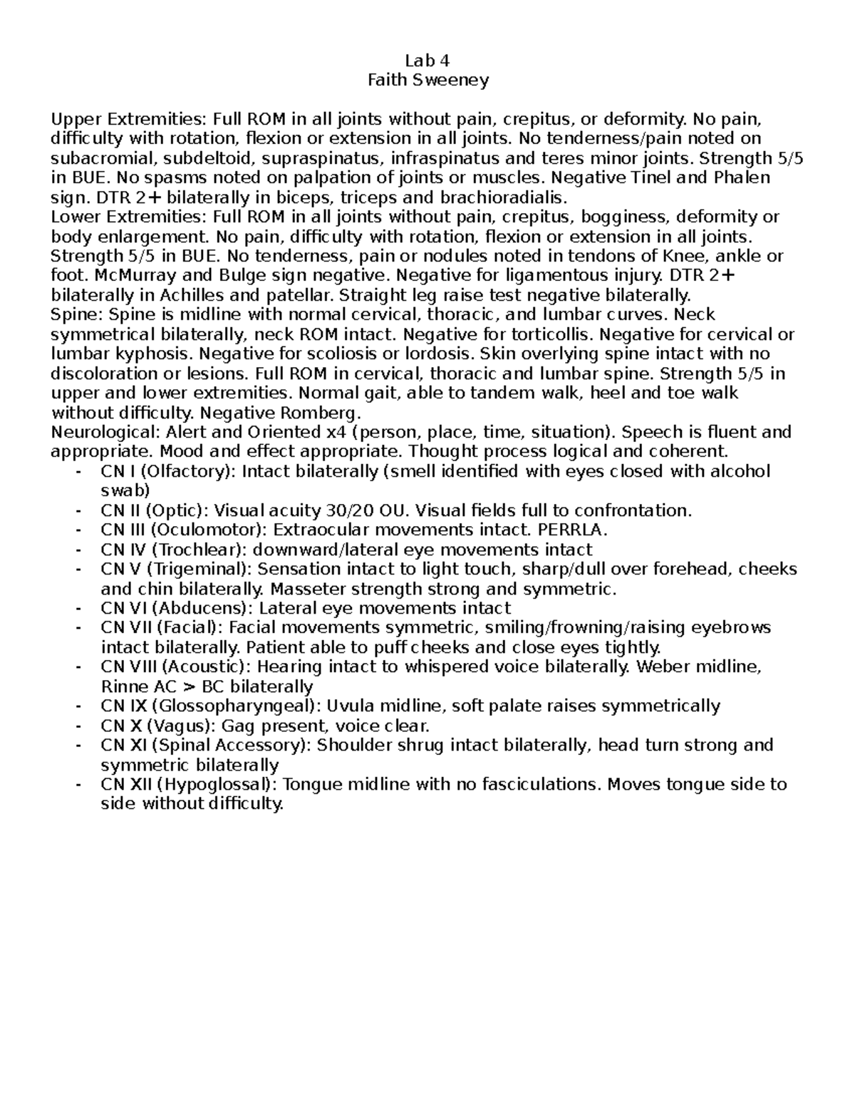 Lab 4 - Comprehensive Assessment of Upper and Lower Extremities - Studocu