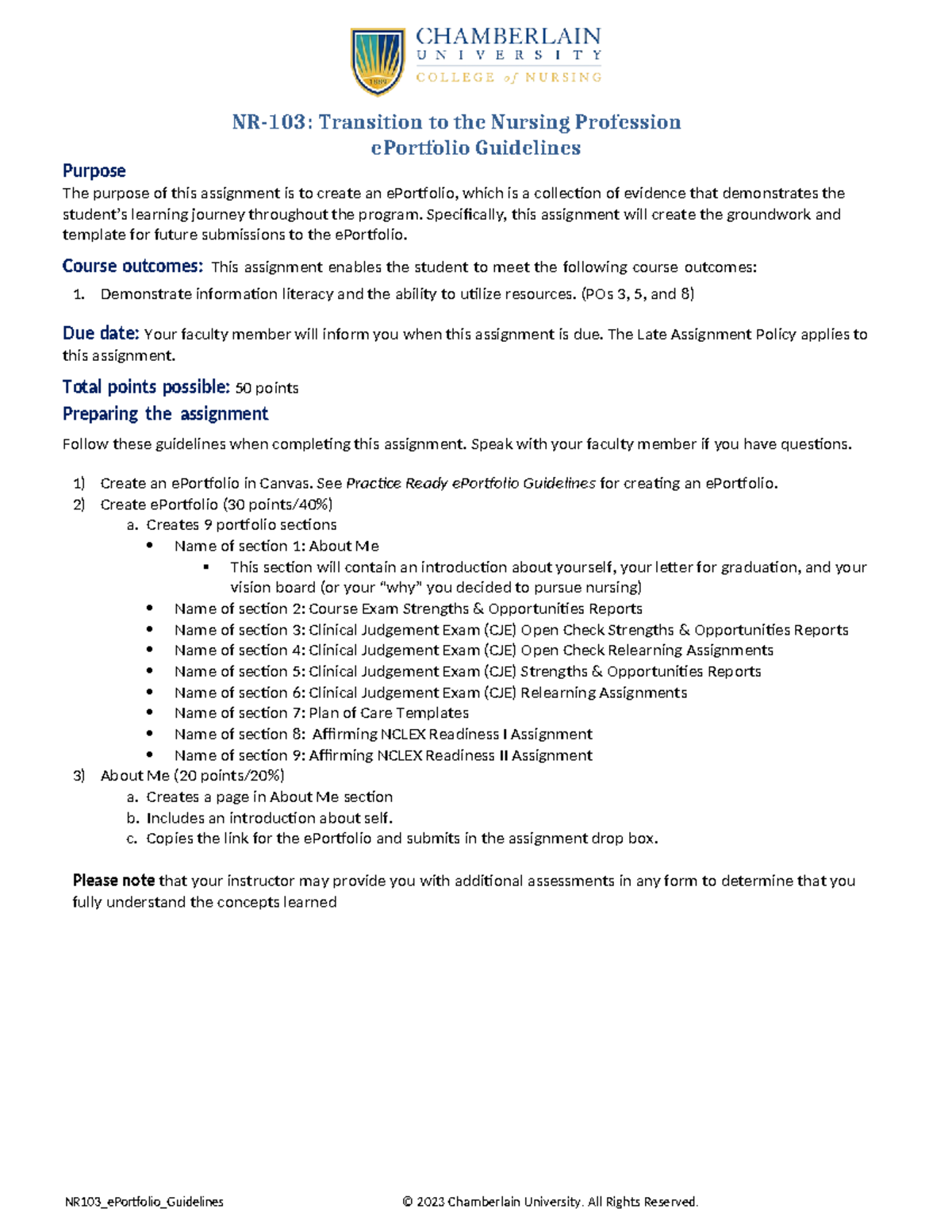 NR103 ePortfolio Assignment Guidelines - Sept 2023 Revision - Studocu