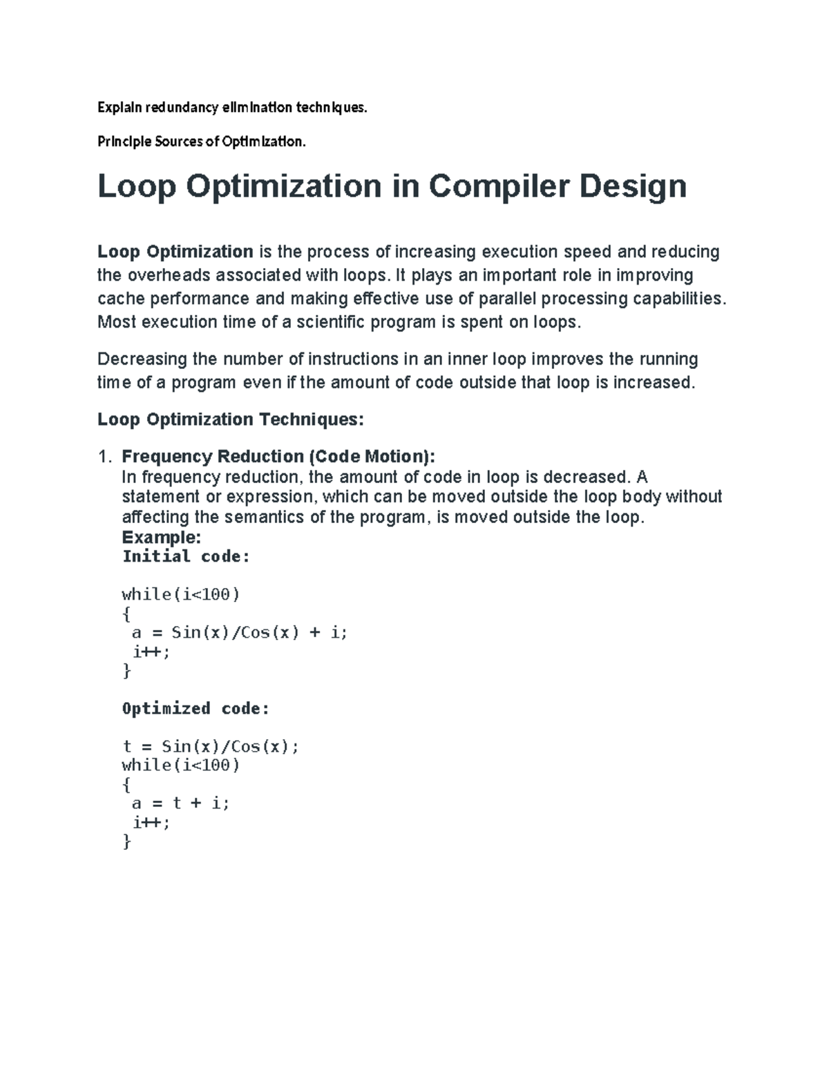 CD 6730 - Loop Optimization Techniques in Compiler Design - Studocu