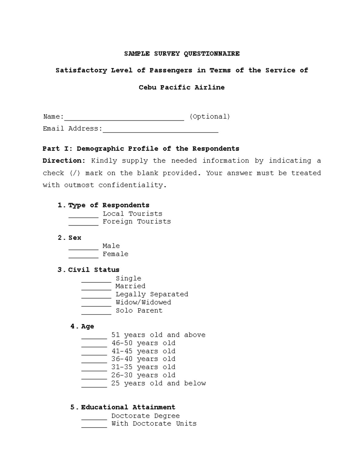 Survey Questionnaire for thesis - Hospitality Management - Studocu