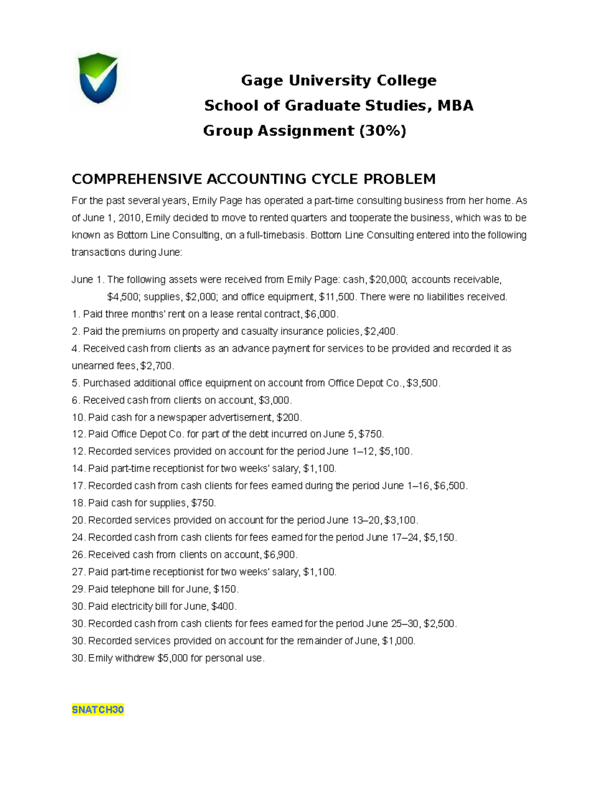 Assignment I: Comprehensive Accounting Cycle for Bottom Line Consulting ...