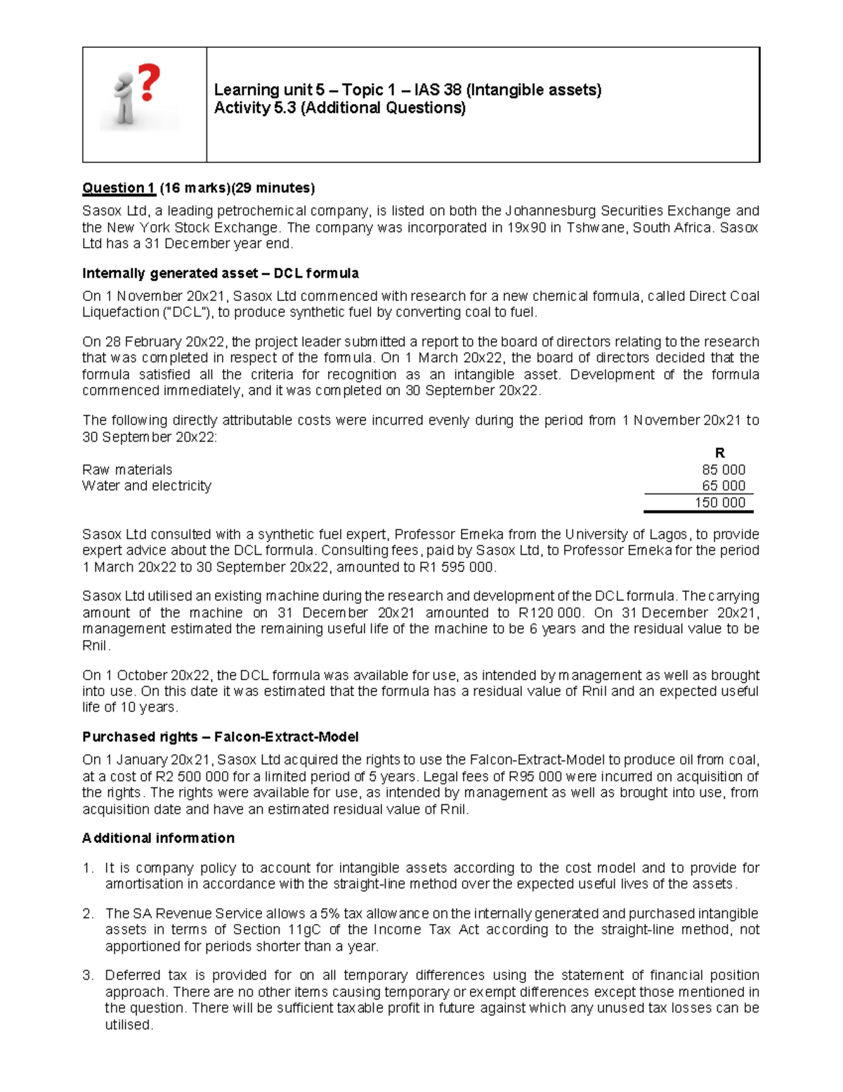 IAS 38 (Intangible assets) Activity 5.3 (Questions) - Learning unit 5 ...