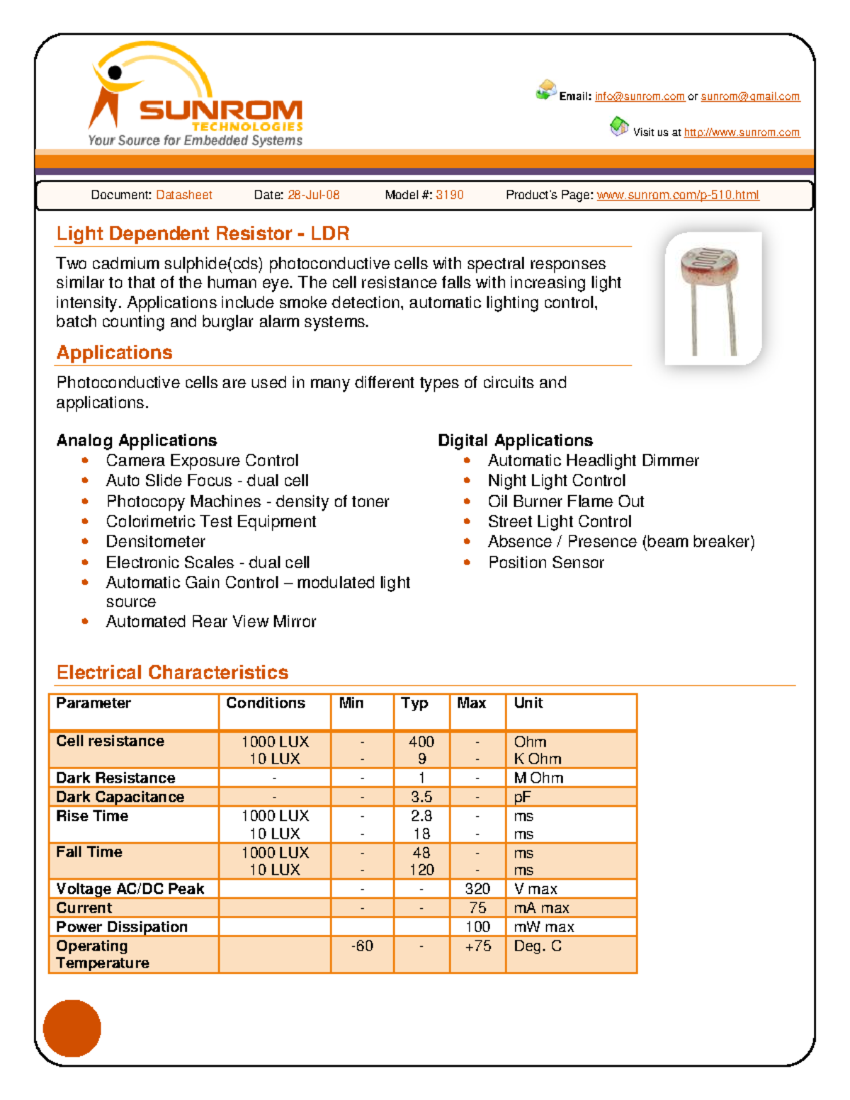 LDR Datasheet: Electrical Characteristics & Applications Overview - Studocu