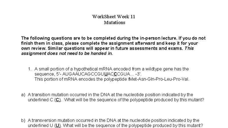 Worksheet Week 11: Gene Mutations and Their Effects - Studocu