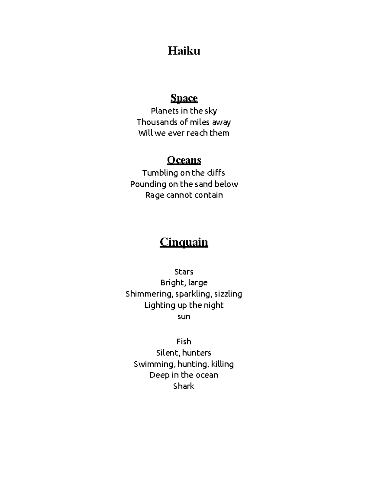 Poems on Space and Nature: Haiku, Cinquain, and Tanka - Studocu