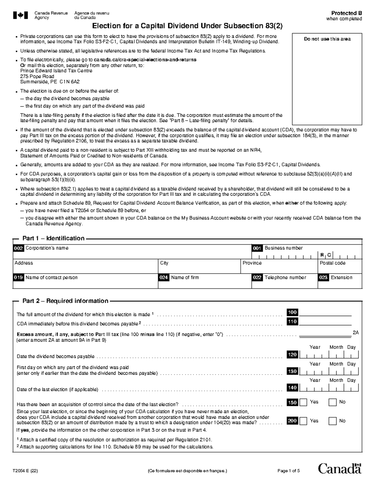 T2054-22e - Guide to Capital Dividend Election Under Subsec 83(2) - Studocu