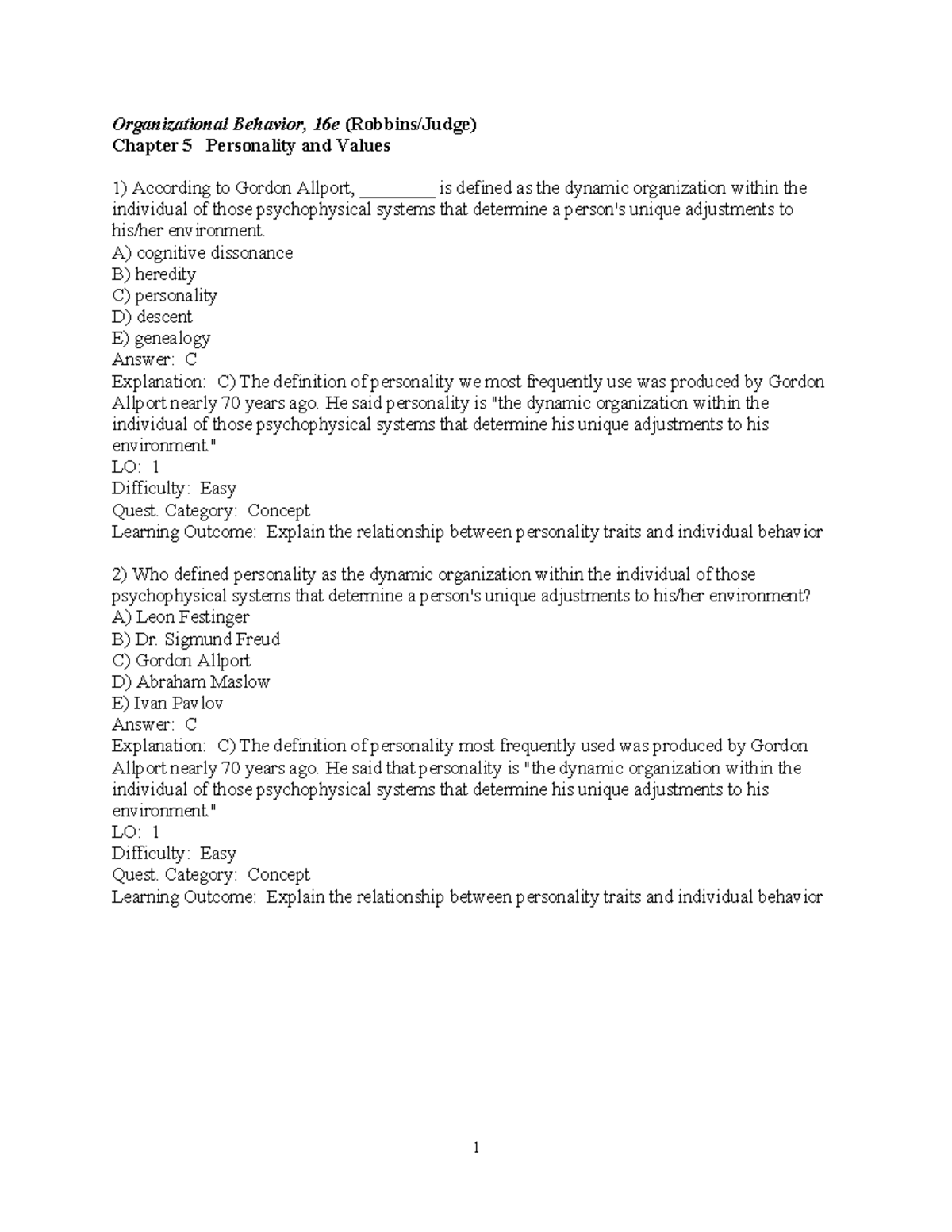 Chapter 5 - Personality and Values Test Bank (OB 16e) - Studocu