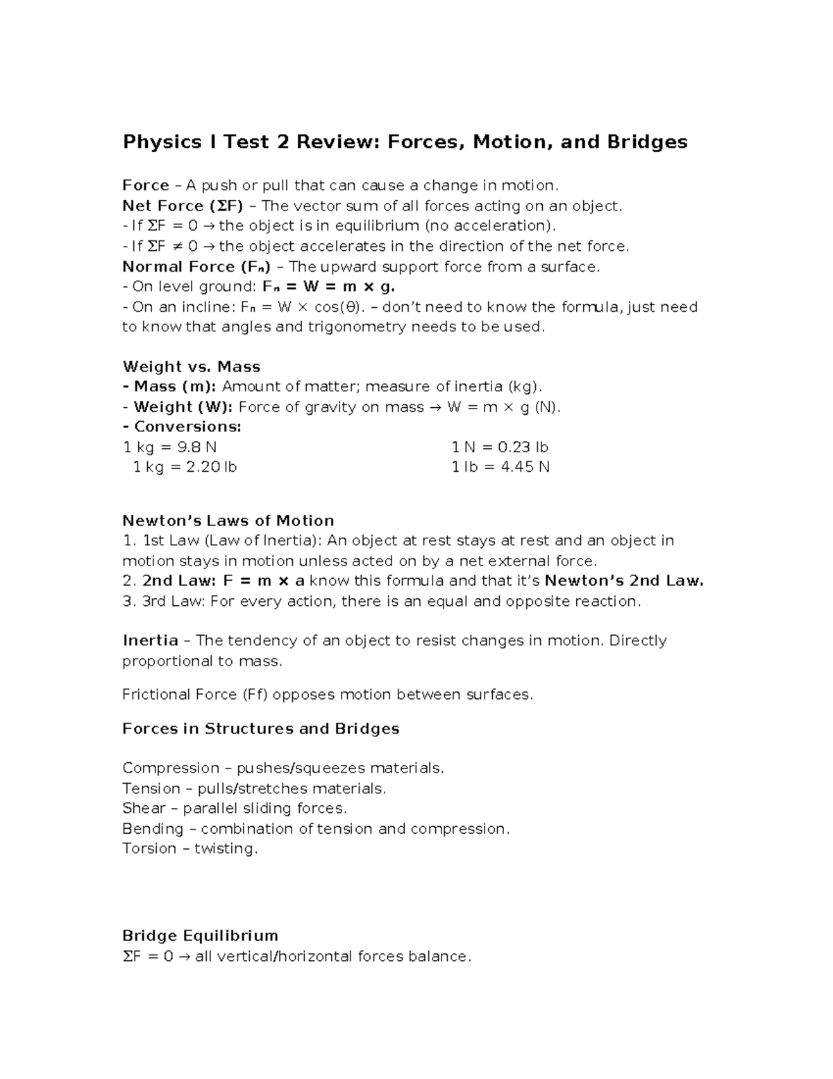 Physics I Test 2 Review: Forces, Motion & Bridges Essentials - Studocu