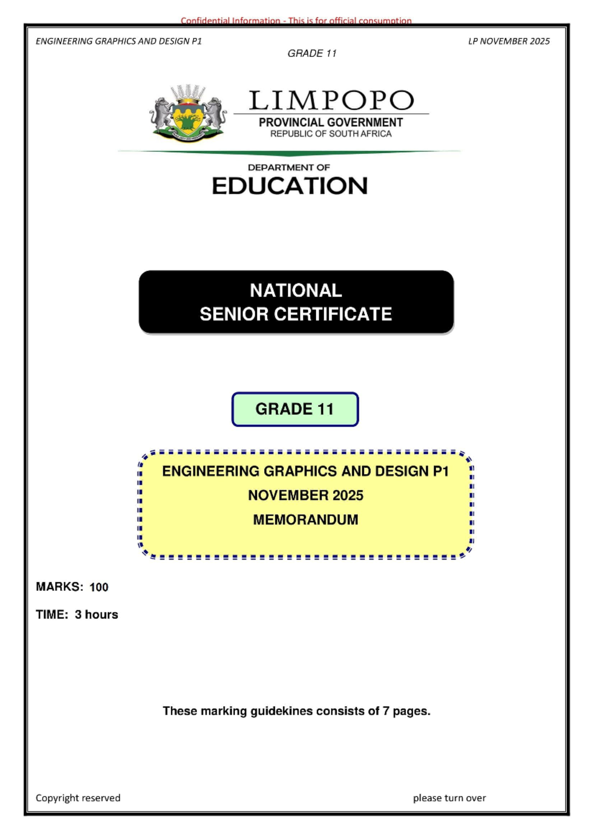 Grade 11 Engineering Graphics & Design P1 Nov 2025 Answers - Studocu