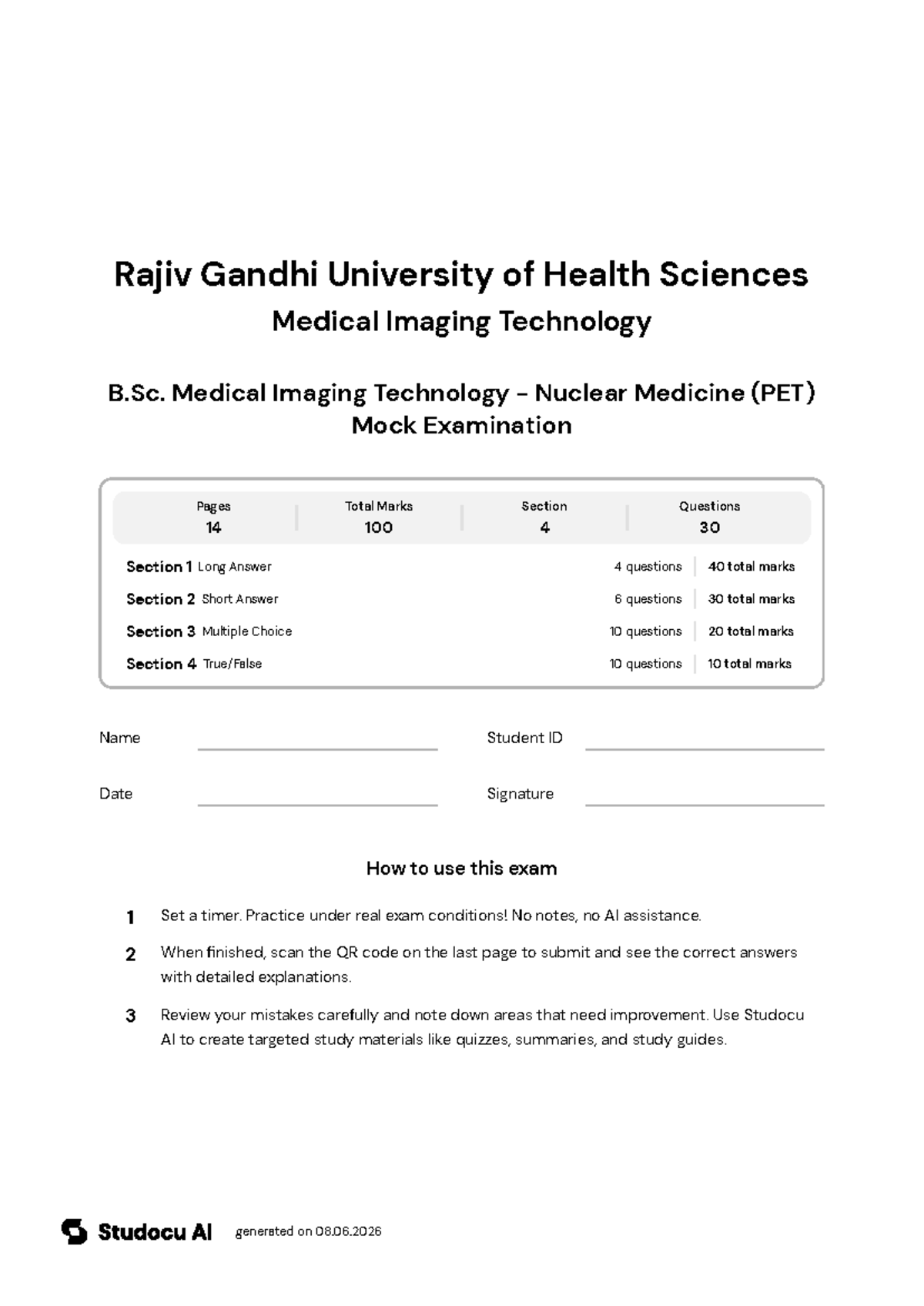B.Sc. Medical Imaging Tech - Nuclear Medicine Mock Exam - Studocu