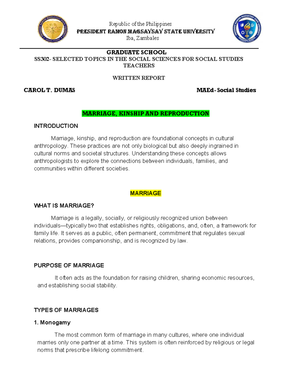 SS302 Written Report: Marriage, Kinship, and Reproduction Insights ...