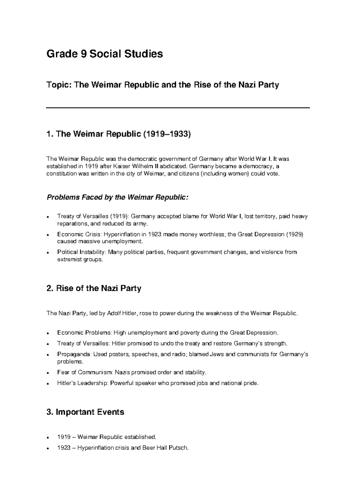 Grade 9 SS: The Weimar Republic & Nazi Party Rise Overview - Studocu