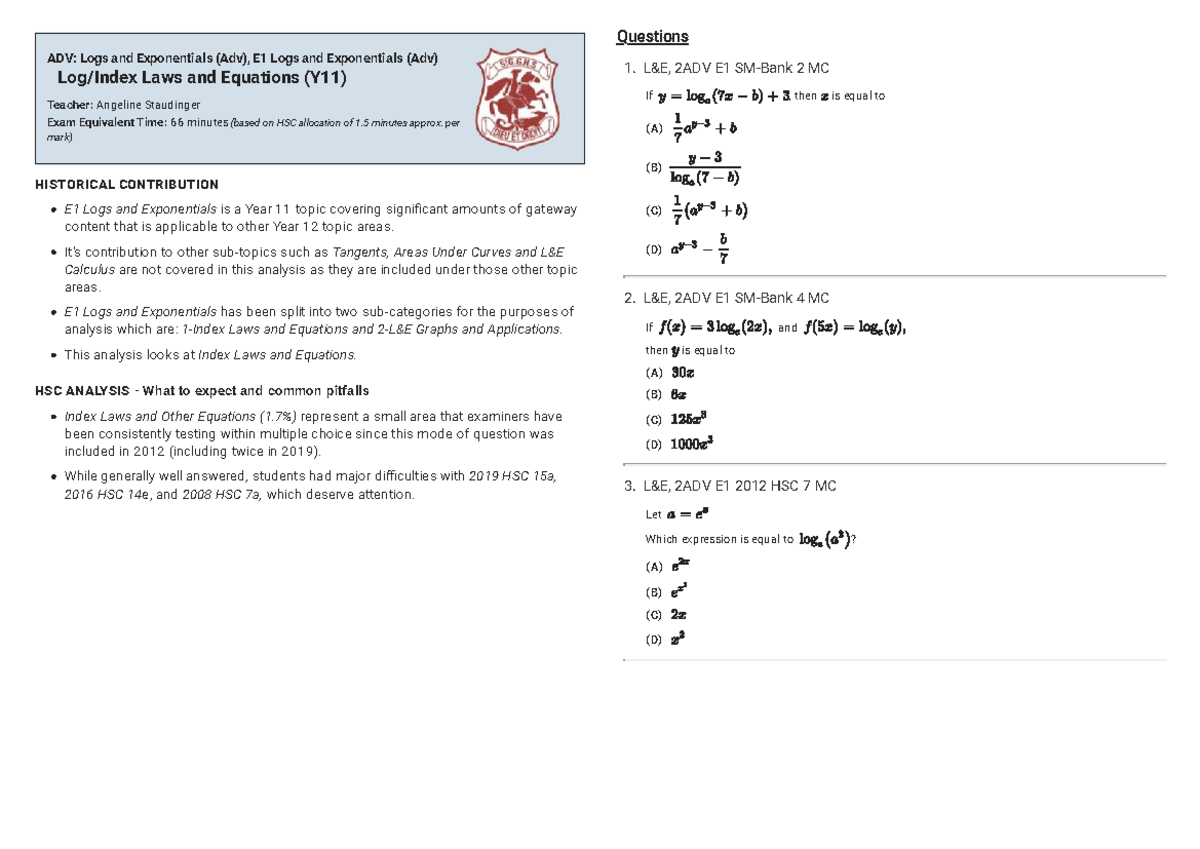 Smarter Maths - Yr 11 - E1 Logs & Exponentials Exam Analysis - Studocu