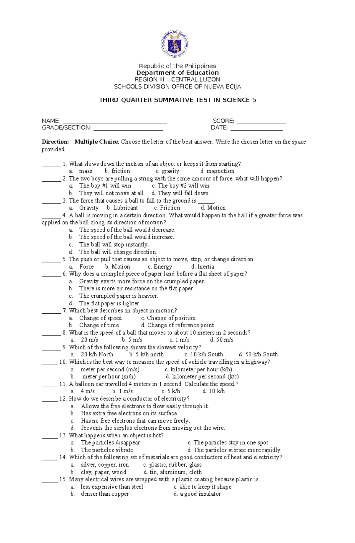 Grade 5 Science 3rd Quarter Summative Test with Answer Key - Studocu