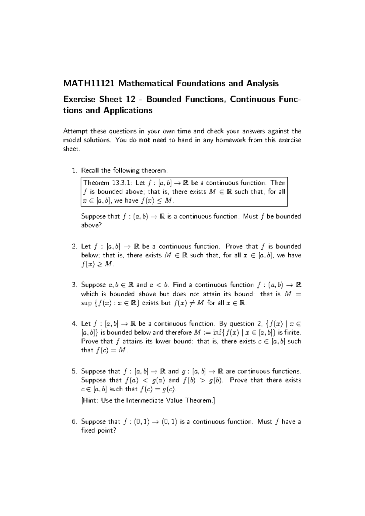 Mathematical Foundations Exercise Sheet 12: Bounded & Continuous ...