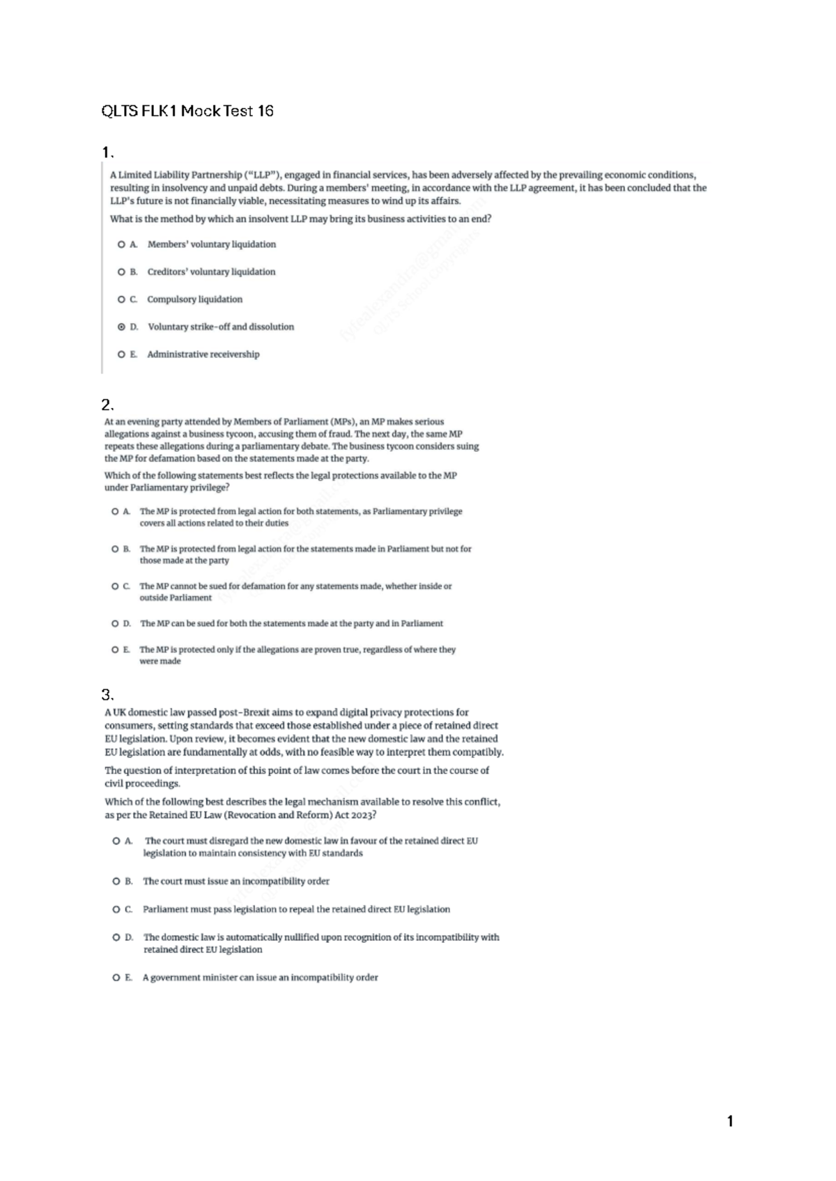 QLTS FLK1 Mock Test 16 - Practice Questions and Answers - Studocu