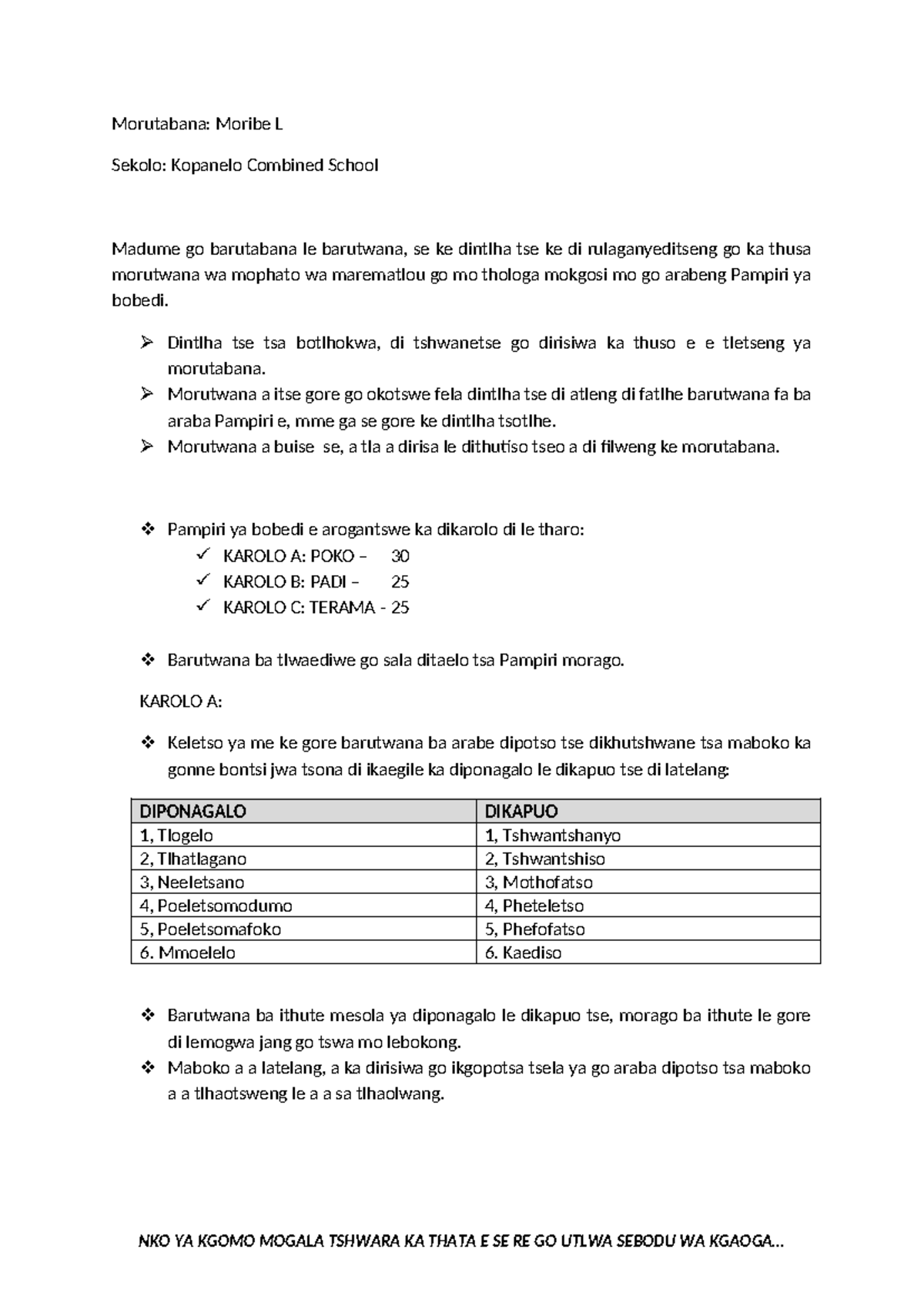 Morutabana: Moribe L - Pampiri ya Bobedi ya Kopanelo Combined School ...