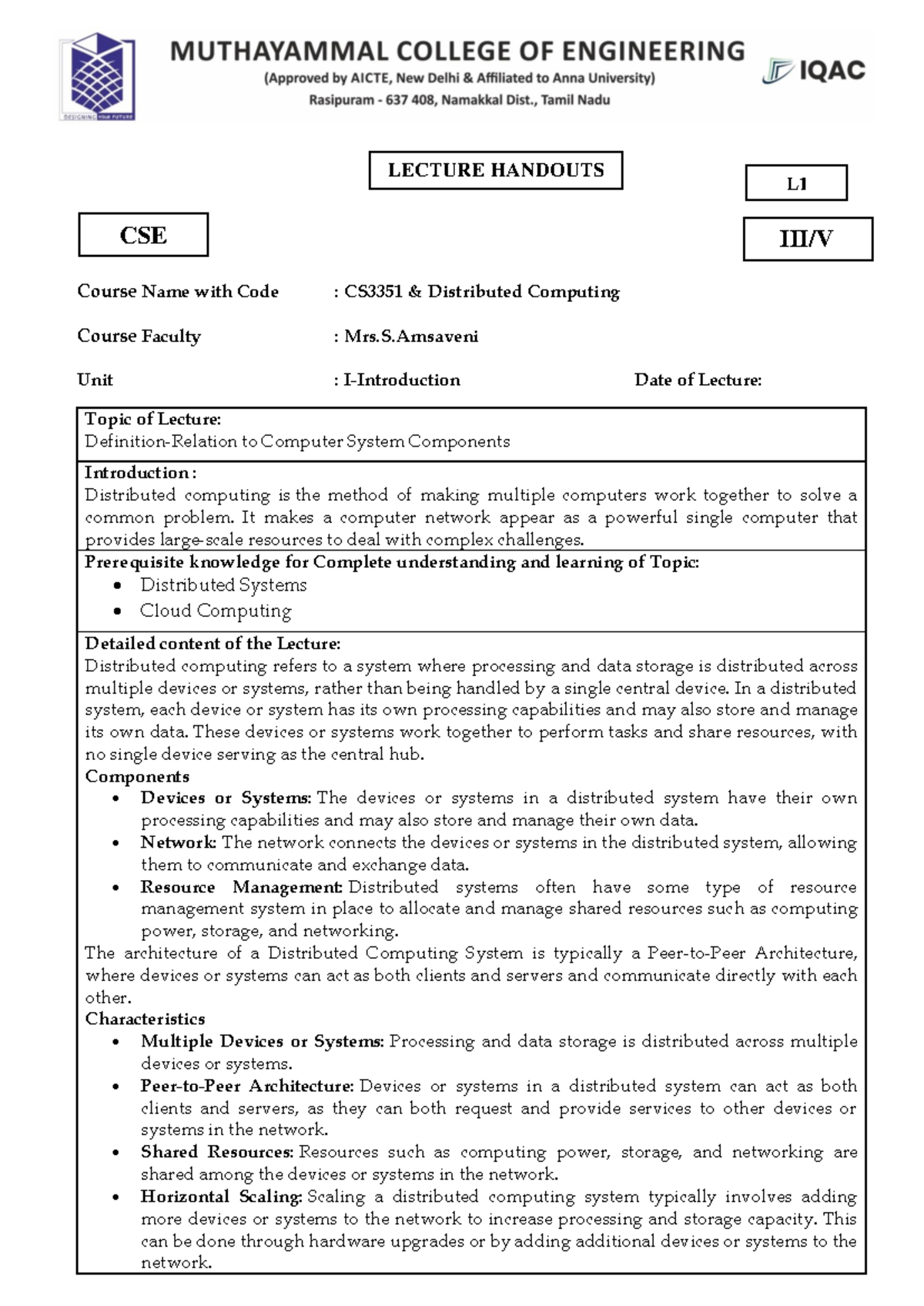 6.DC 1 - Distributed Computing - Course Name with Code : CS3351 ...