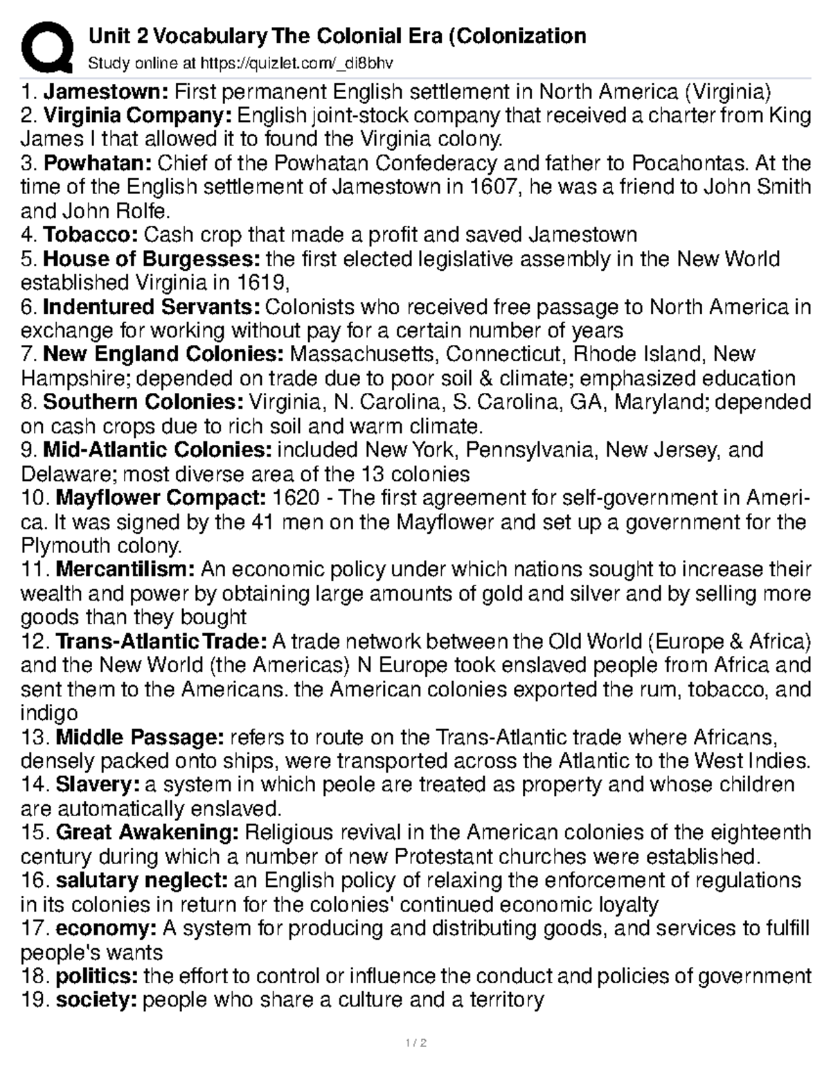 Unit 2 Vocabulary Colonization - Unit 2 Vocabulary The Colonial Era ...
