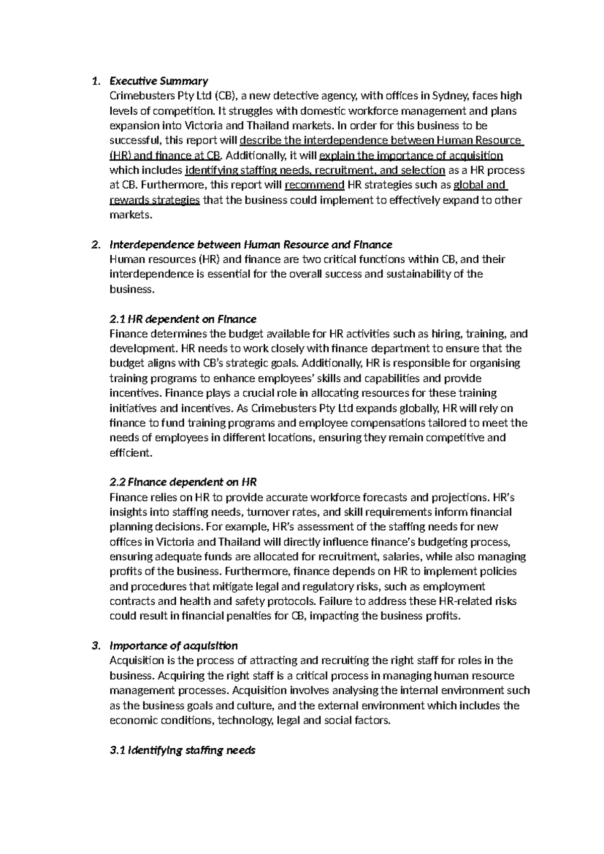Sample Business Report - HSC: HR & Finance Interdependence at CB - Studocu