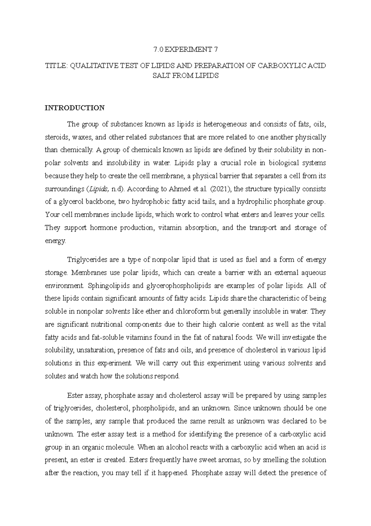 Qualitative Analysis of Lipids & Carboxylic Acid Prep - BIO462 Lab ...