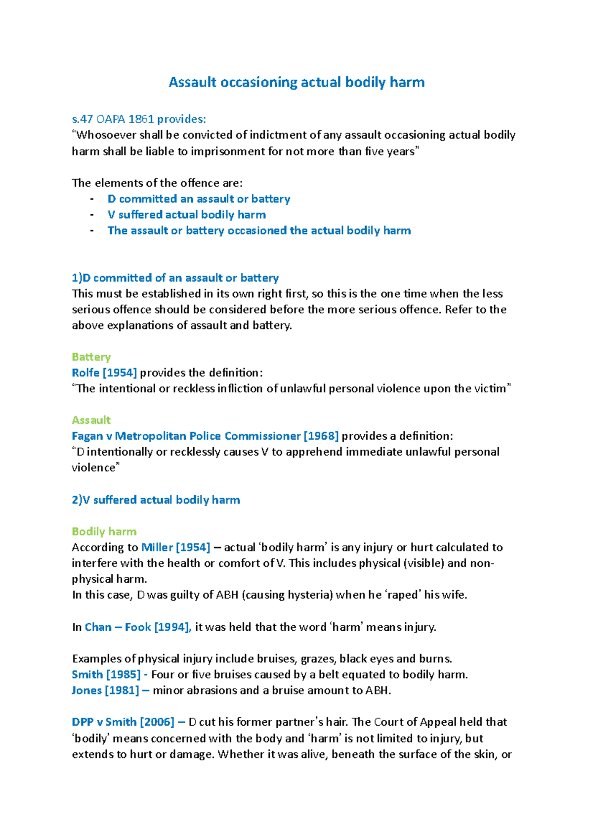 Assault occasioning actual bodily harm - Key statue: Offences against ...