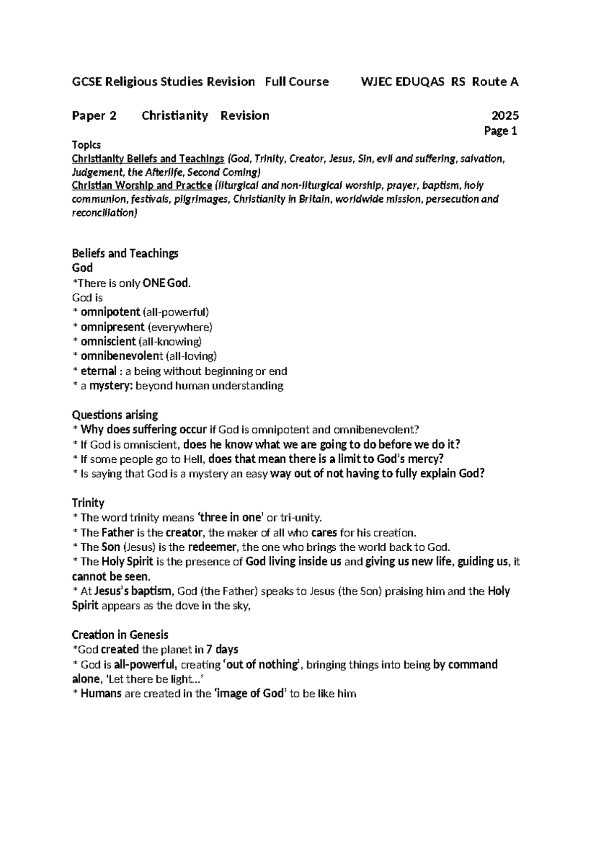 GCSE RS Paper 2 Christianity Revision Notes WJEC EDUQAS 2025 - Studocu