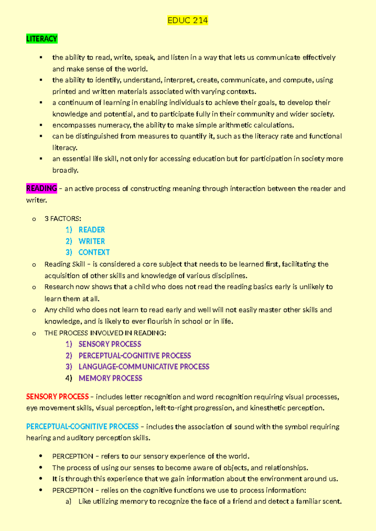 EDUC 214 Final Exam Notes: Understanding Literacy and Reading Skills ...