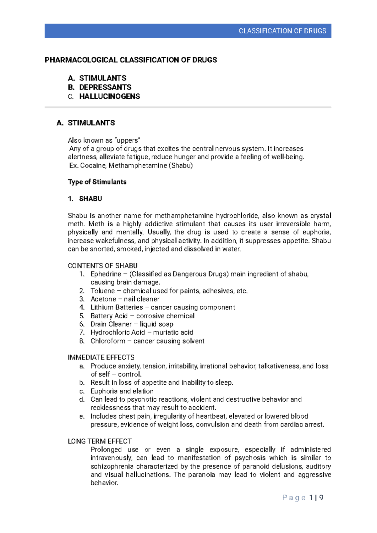 Pharmacological Drug Classification: Stimulants, Depressants ...