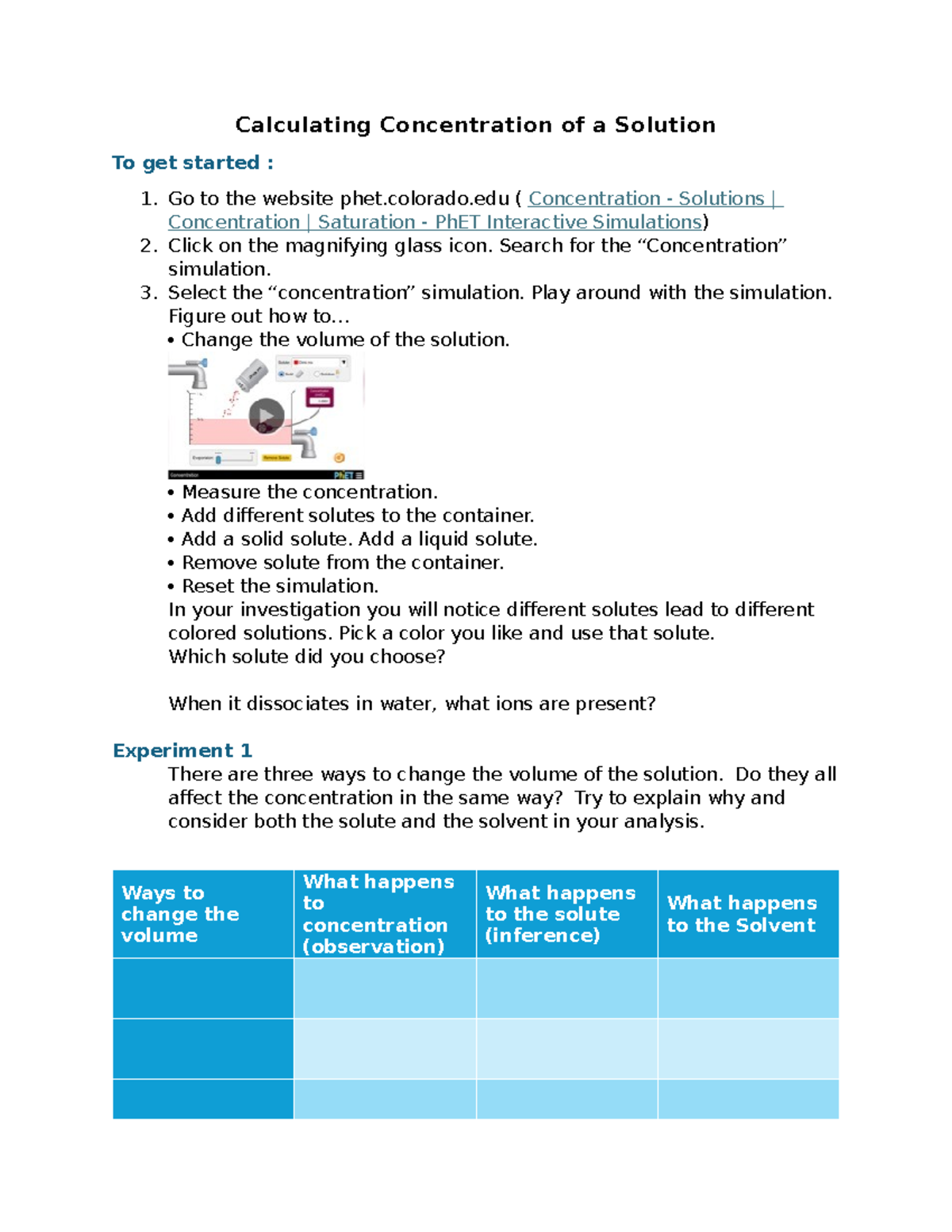 Solution Concentration Dry Lab: Exploring Volume Effects on ...