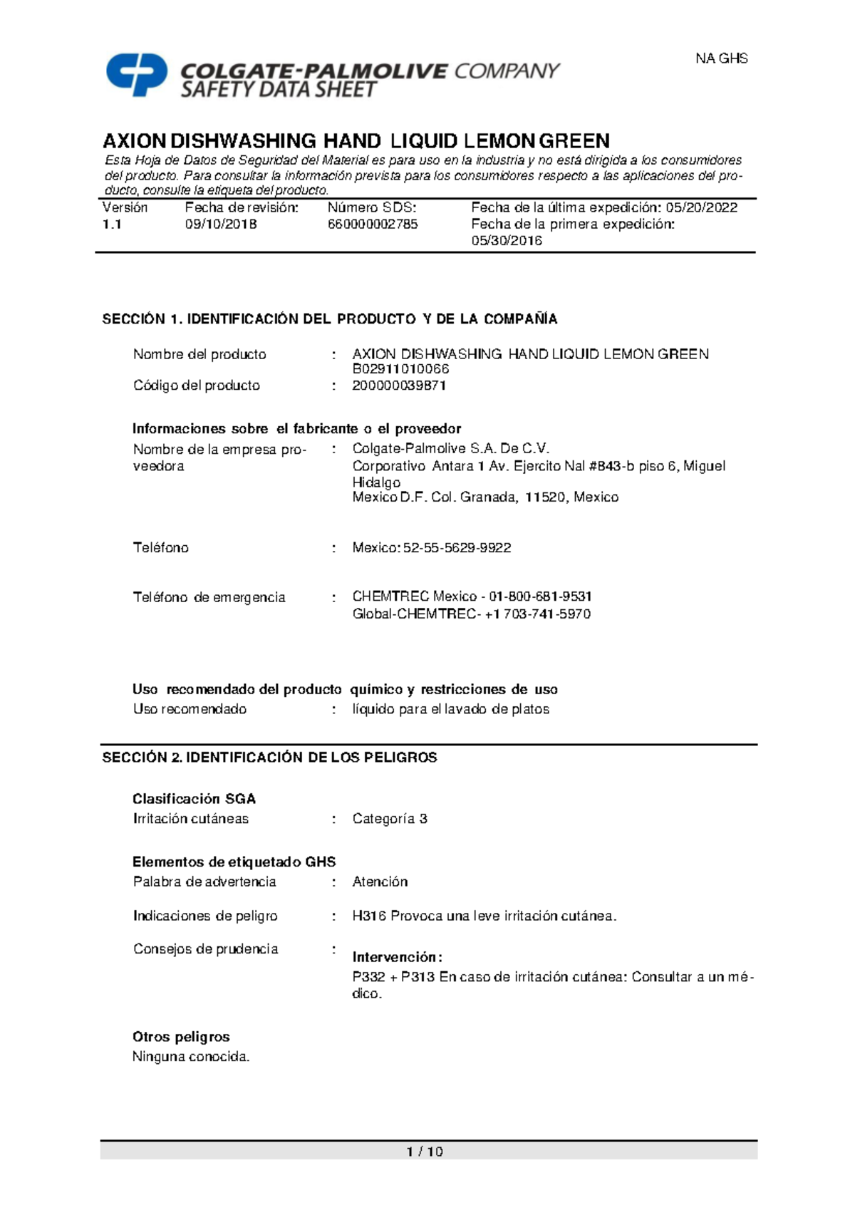 Hoja de Seguridad para AXION Limon - SDS 660000002785 - Studocu