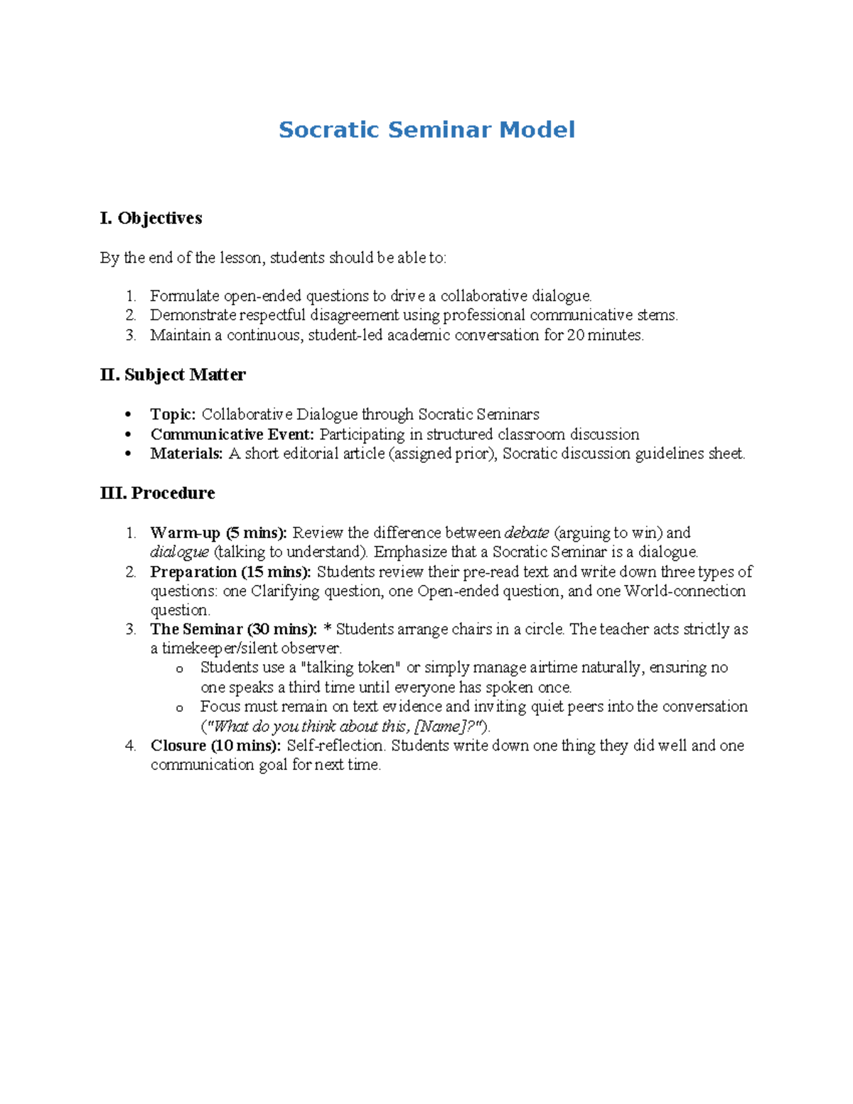 Socratic Seminar Model: Collaborative Dialogue Strategies - Studocu