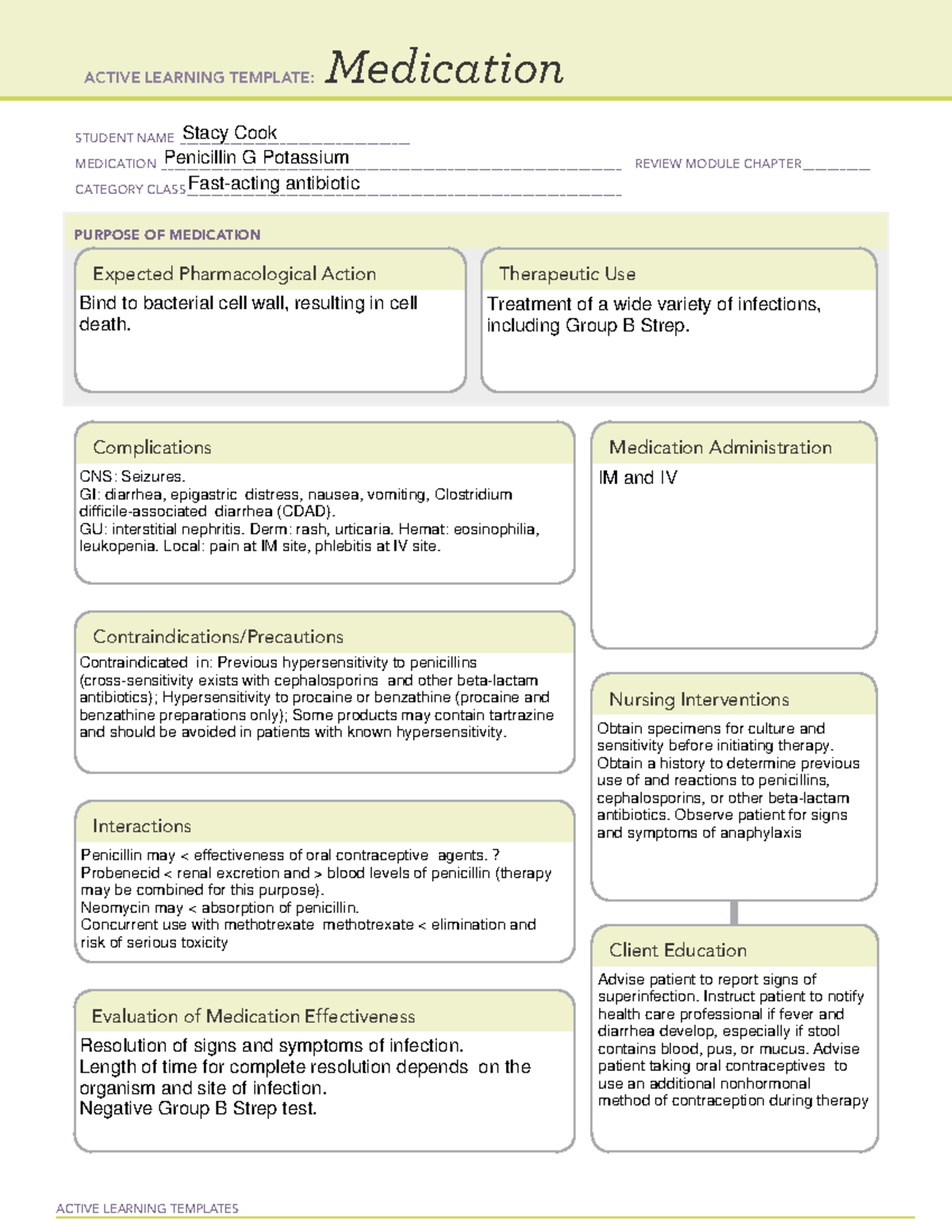 ATI Medication Template - Penicillin G Potassium - ACTIVE LEARNING ...