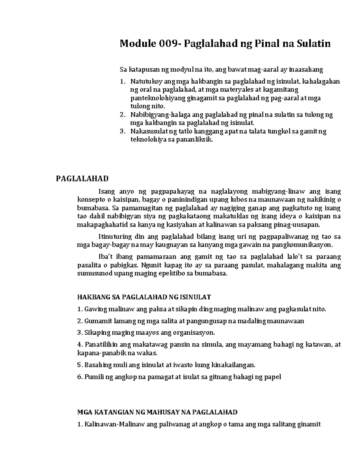 Week 11 - Paglalahad sa Pinal na Sulatin - Module 009 - Paglalahad ng ...