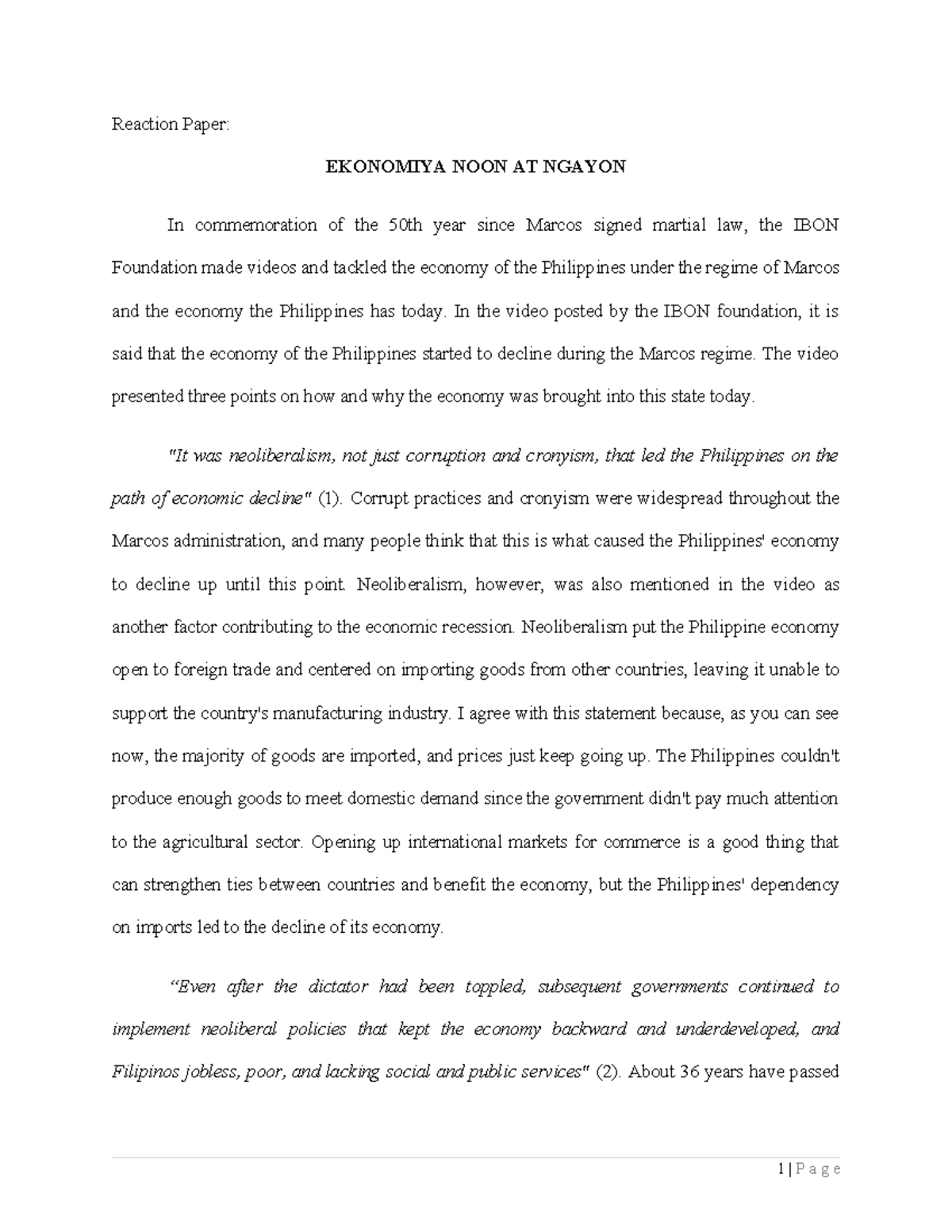 Ekonomiya NOON AT Ngayon - Reaction Paper: EKONOMIYA NOON AT NGAYON In ...