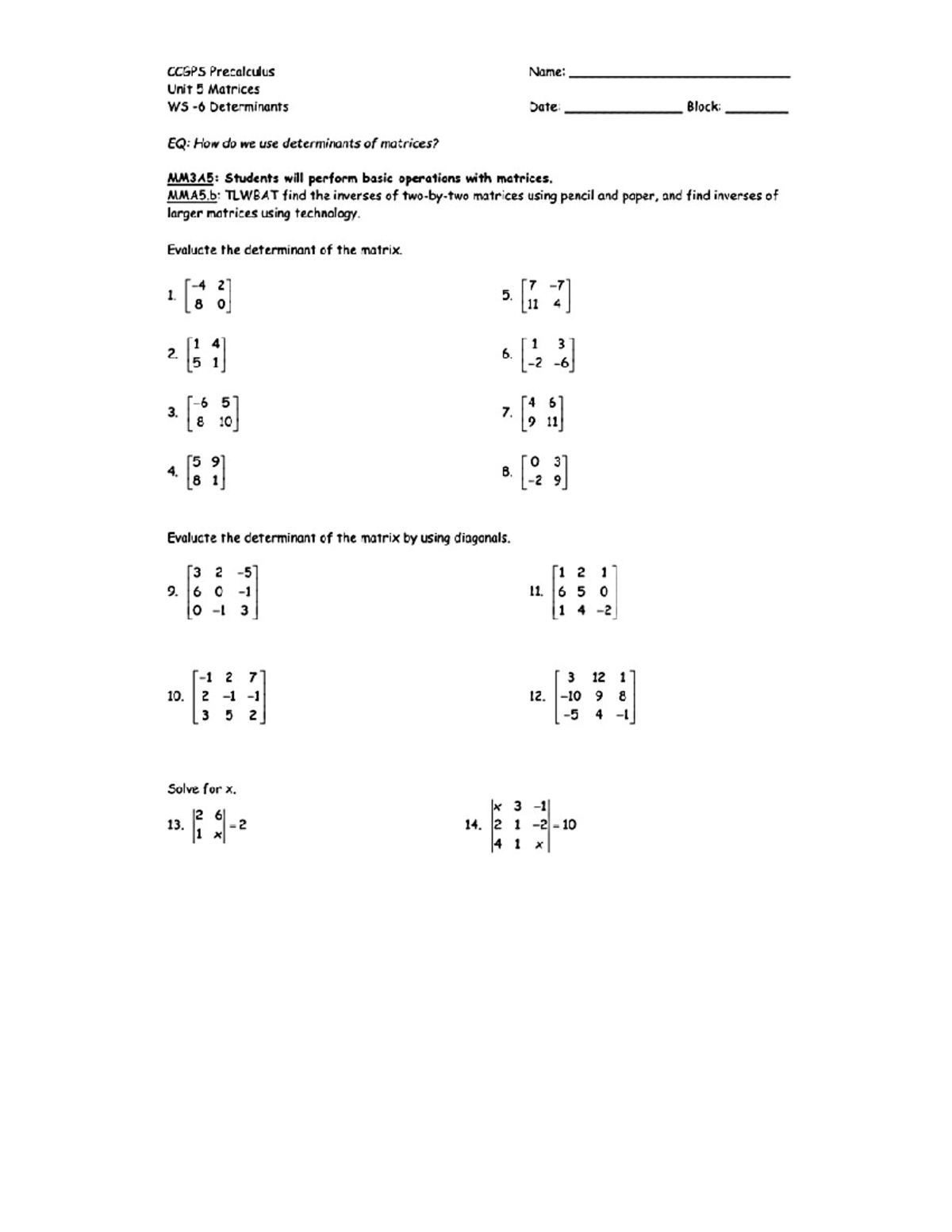 CCHPS Precalculus W5: Unit 5 Matrices & Determinants - Studocu