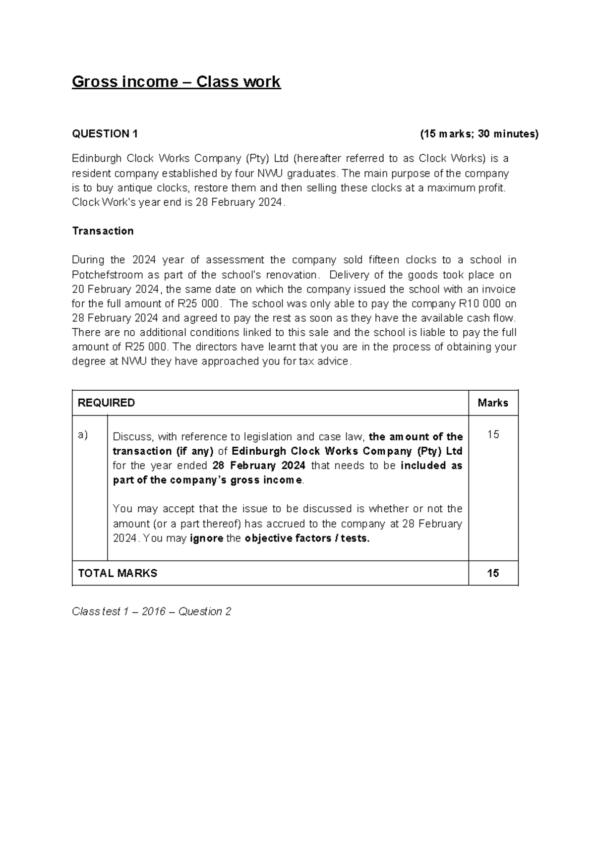 Taxf Class Work: Gross Income Analysis for Clock Works (Q1) - Studocu