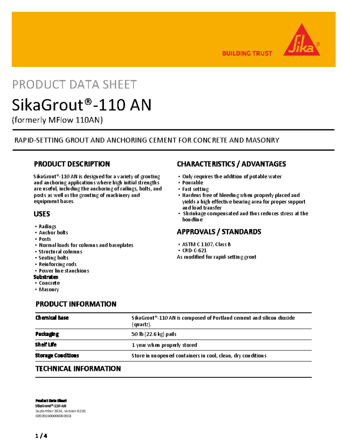 Sikagrout-110AN Product Data Sheet for Grouting & Anchoring - Studocu