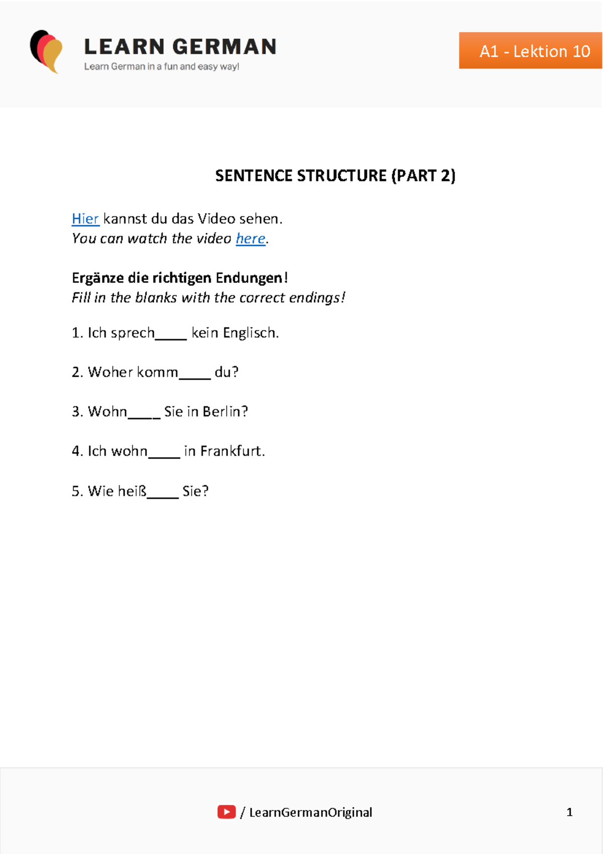 A1 - Lesson 10 - Sentence Structure (Part 2) - German Language III - 1 ...
