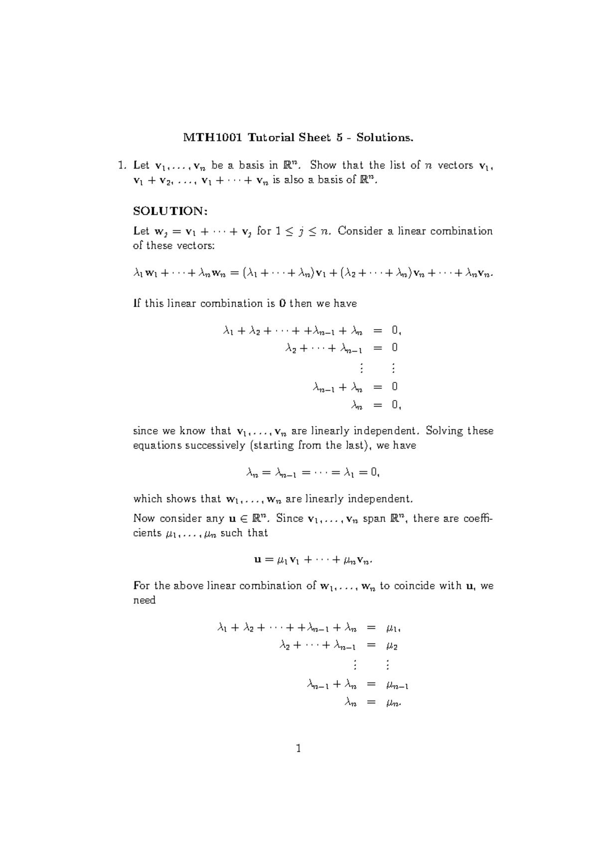 MTH1001 Tutorial Sheet 5 Solutions: Vector Spaces and Linear Maps - Studocu