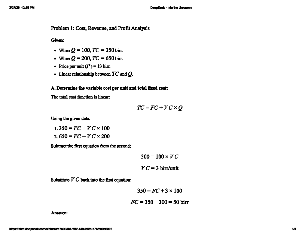 MATH 201 Assignment: Cost, Revenue, and Profit Analysis - Studocu