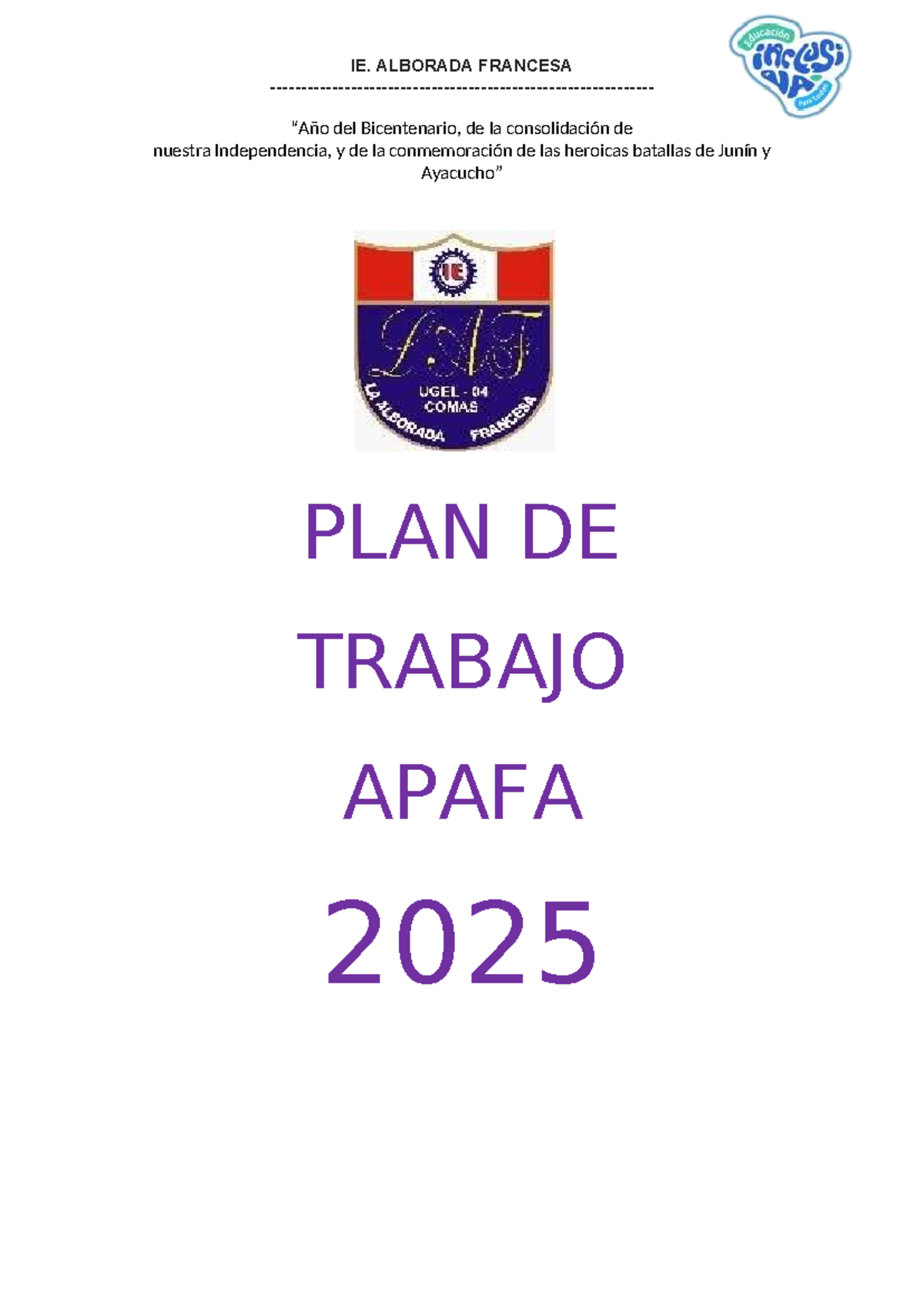 Plan de Trabajo APAFA 2025 - 2026: Estrategias y Objetivos Clave - Studocu