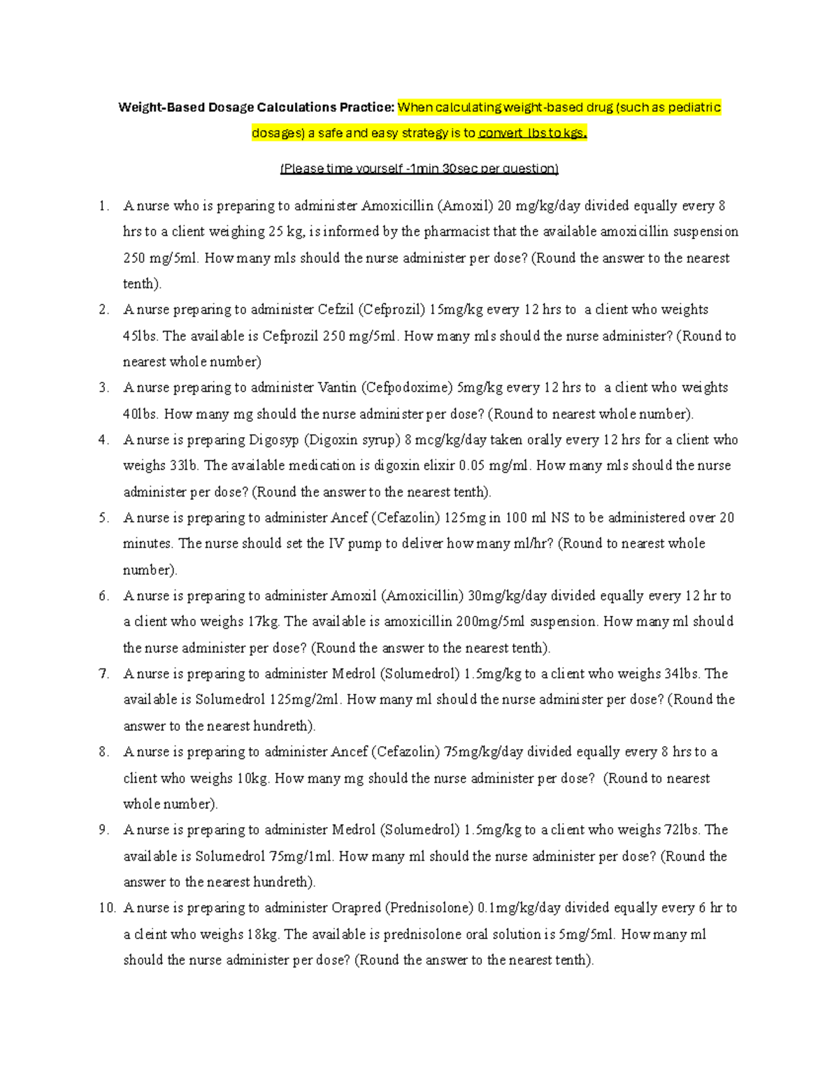 PEDS 101: Weight-Based Dosage Calculations Exam Practice - Studocu