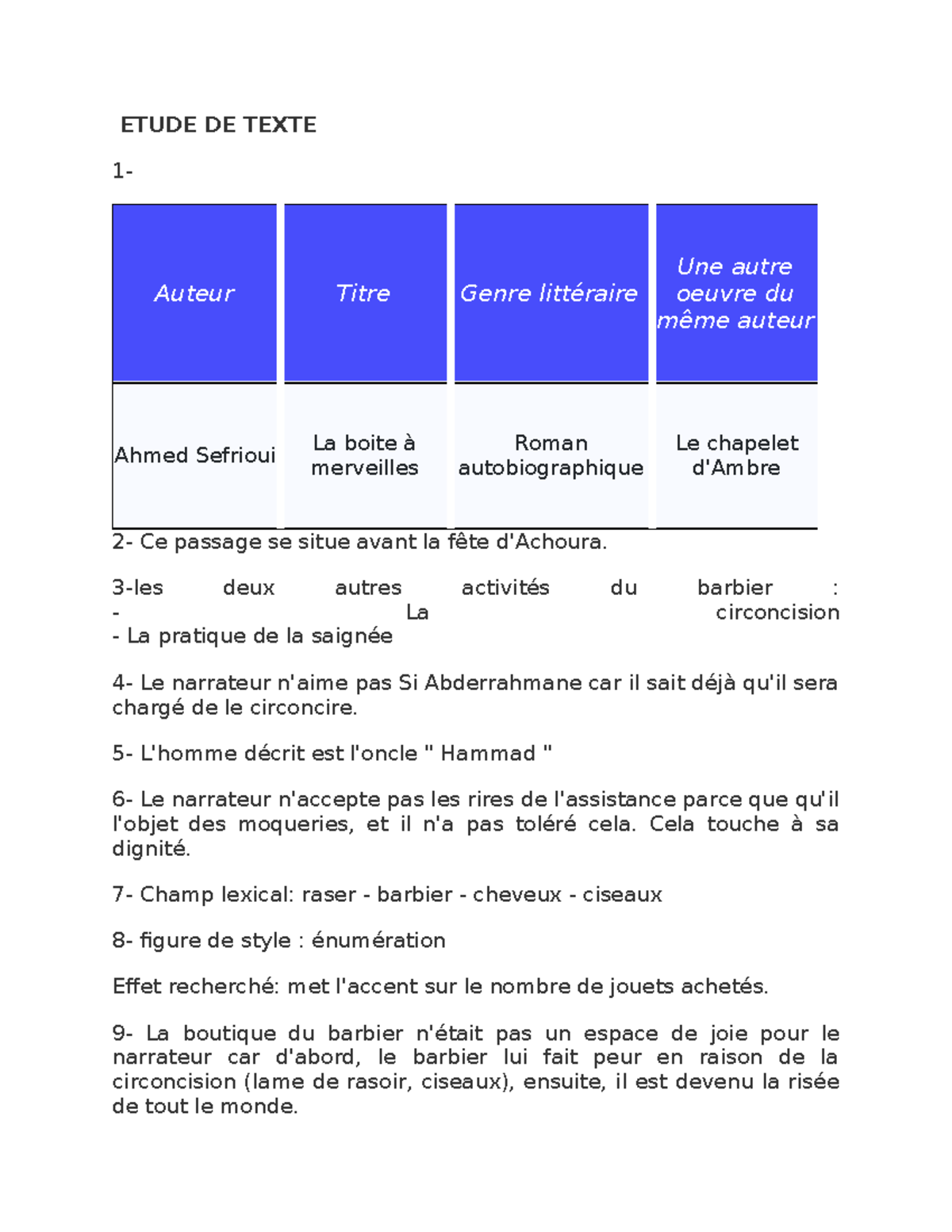 ETUDE DE TEXTE: Analyse de "La boite à merveilles" d'Ahmed Sefrioui - Studocu