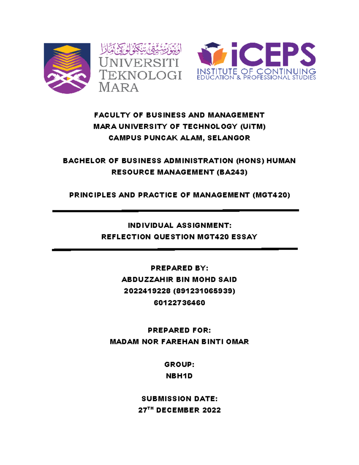 MGT 420 Reflection Essay on Principles of Management Insights - Studocu